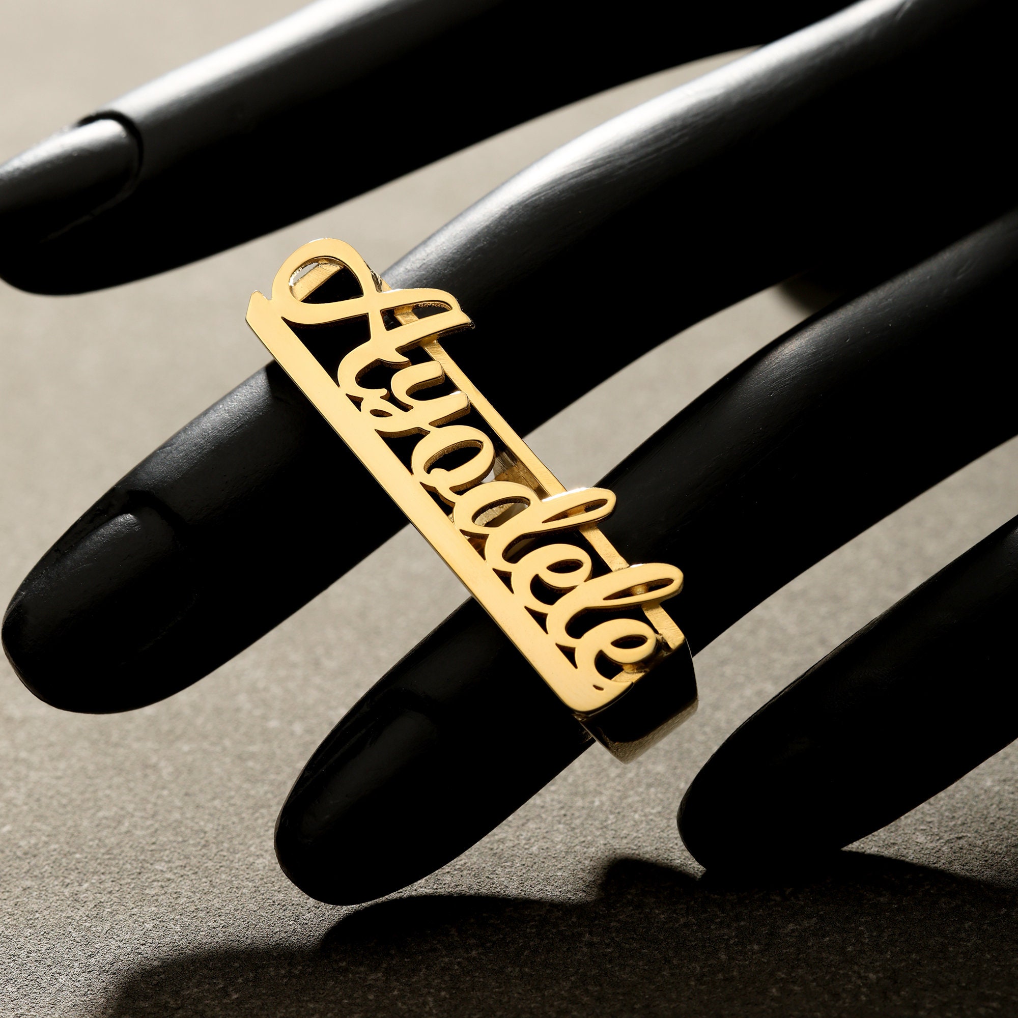 Gold Two Finger Name Ring, Custom Nameplate Ring, 3D Name Finger Ring ...