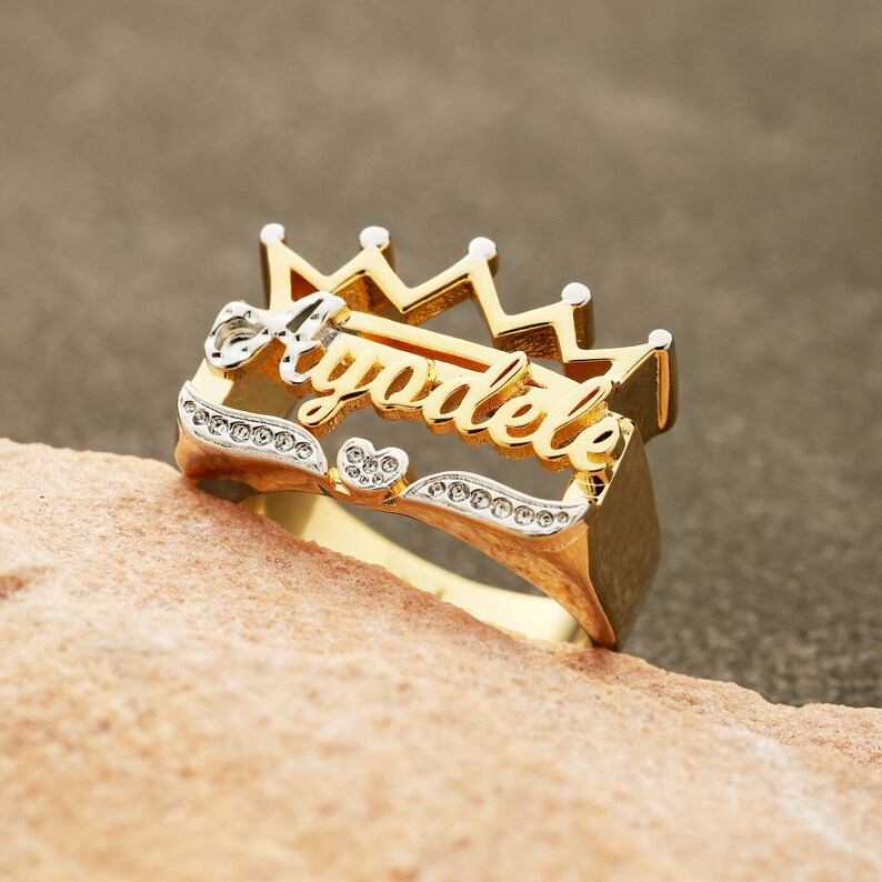 Custom Name Ring, Gold Crown Name Ring, Nameplate Ring, Cursive Font Letters, Personalized ...