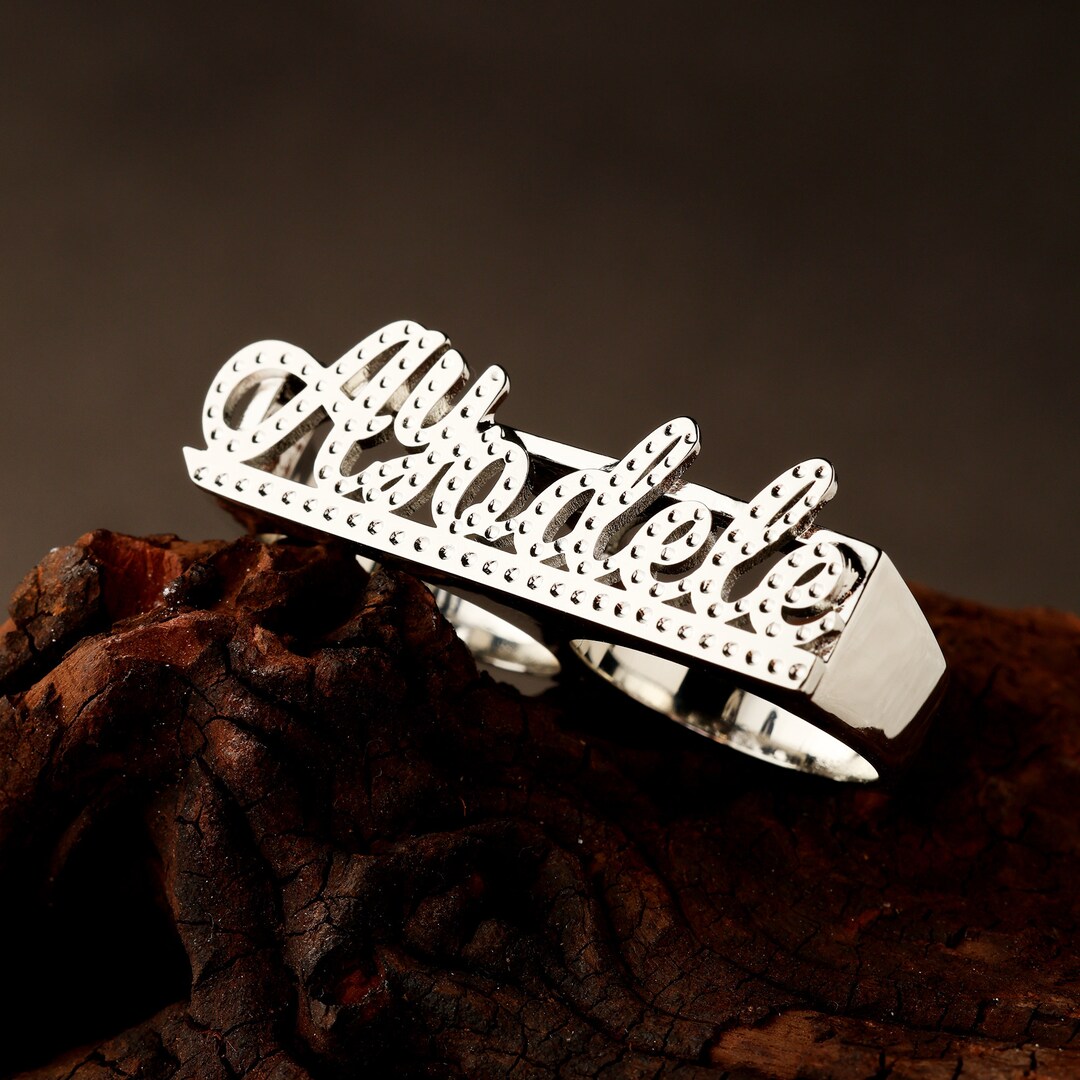 Stylish Personalized Two Finger Name Ring, Custom Heart Design in ...