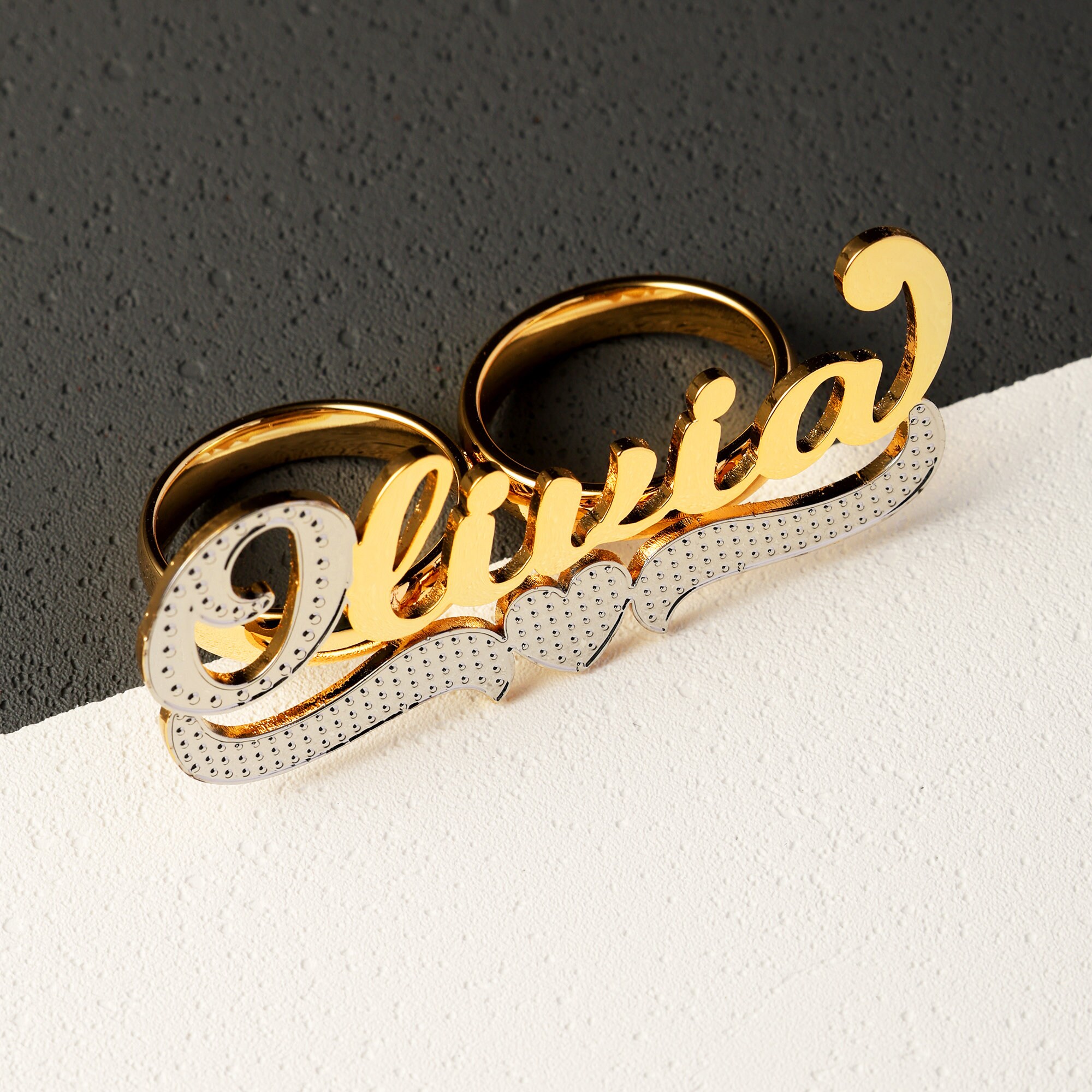 Personalized 2 Finger Name Ring, Double Color Nameplate Ring, Custom ...