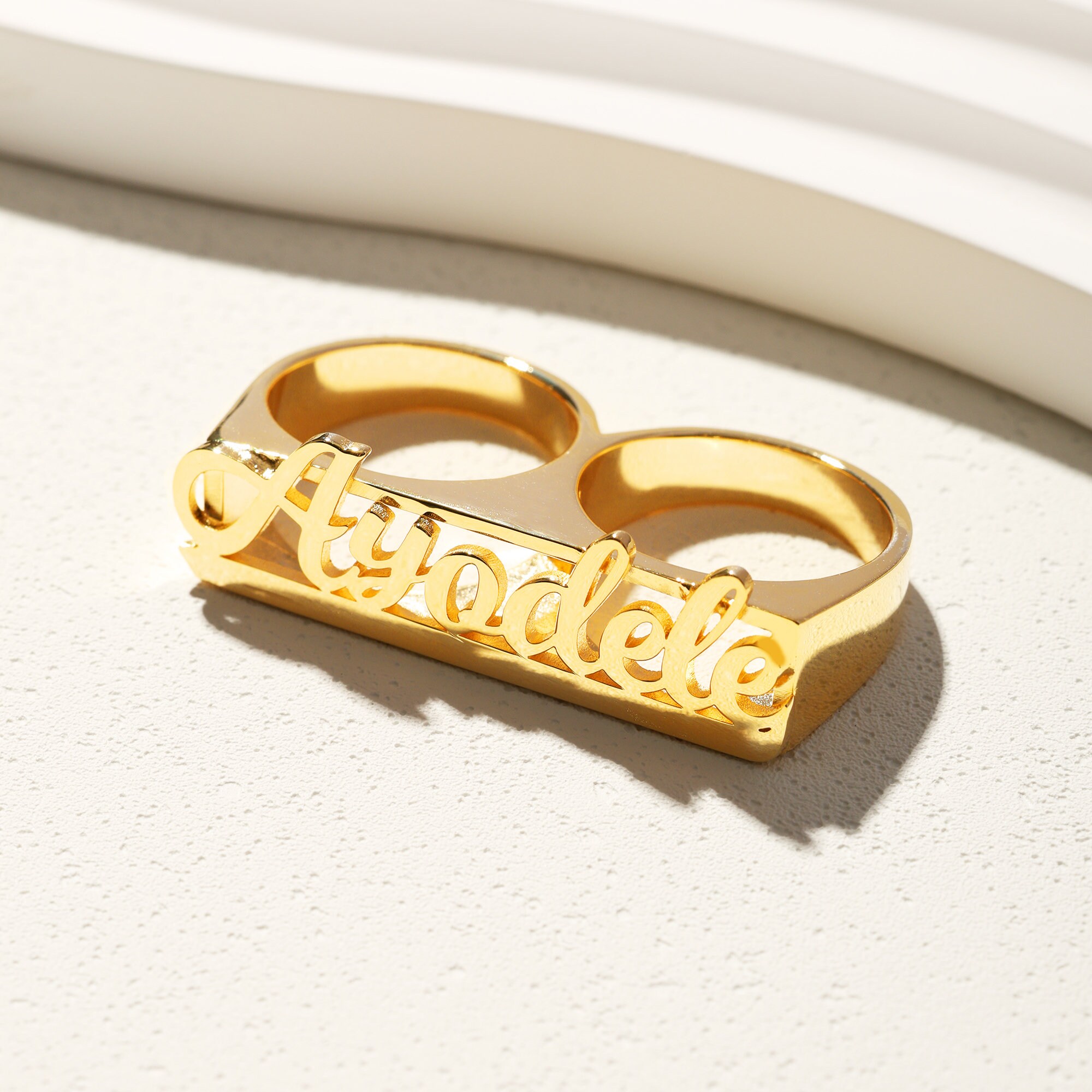 Gold Two Finger Name Ring, Custom Nameplate Ring, 3D Name Finger Ring ...