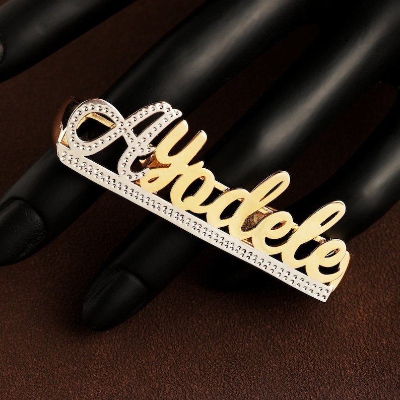 Custom Three Finger Name Ring, Stainless Steel Metal, Gold Nameplate ...