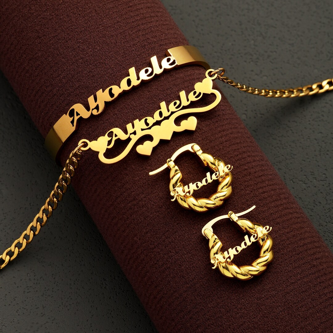 Custom Baby Nameplate Jewelry Set, Kids 120mm Bangle With 18mm Earrings ...