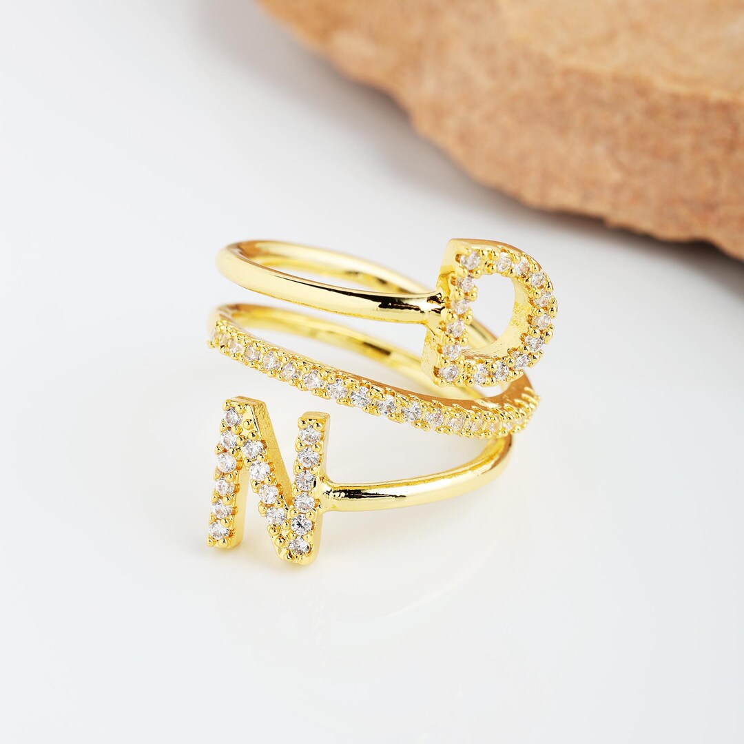 Custom Initial Ring, Diamond Initial Ring, Personalized Jewelry, Two ...
