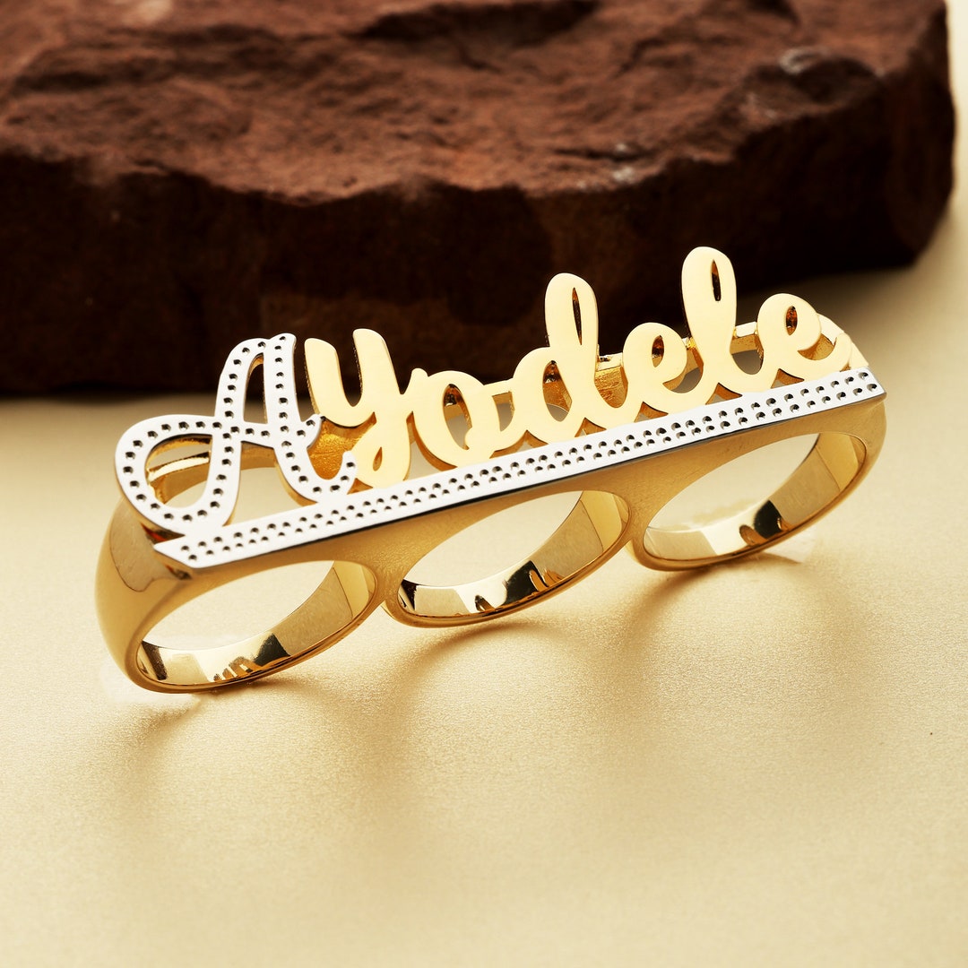 Custom Three Finger Name Ring, Stainless Steel Metal, Gold Nameplate ...