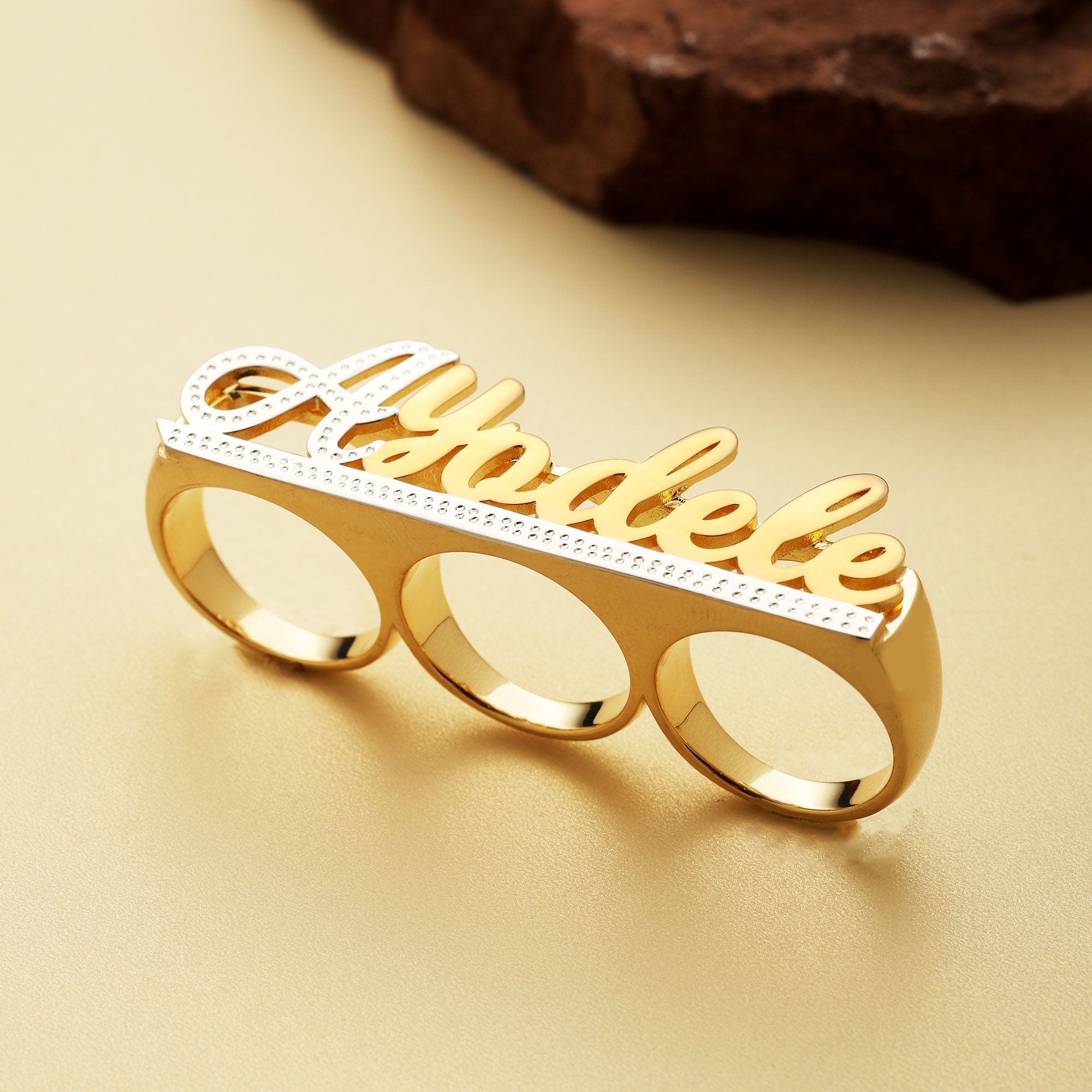 Custom Three Finger Name Ring, Stainless Steel Metal, Gold Nameplate ...