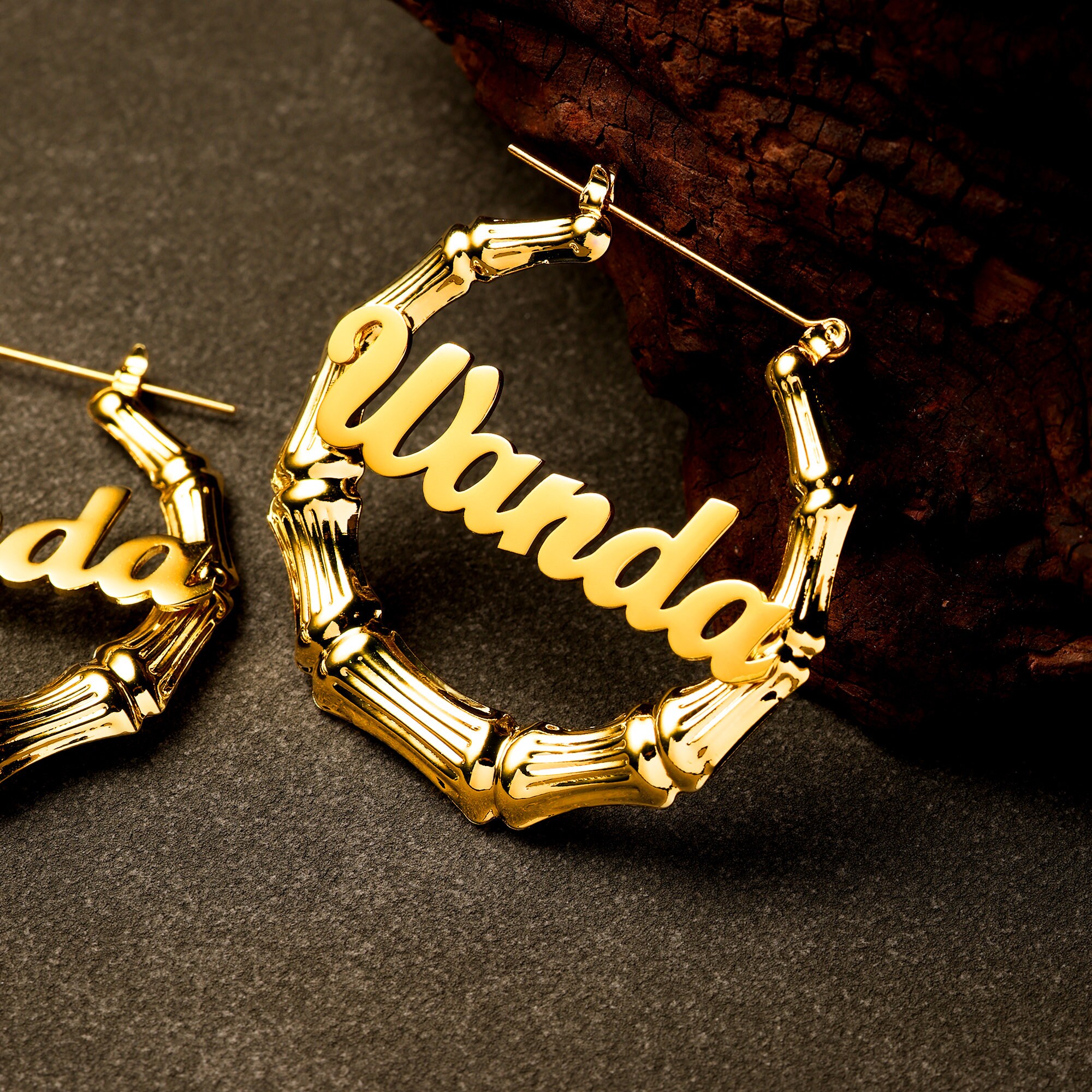 Personalized Bamboo Name Earrings, Gold Plated Custom Name Hoop ...