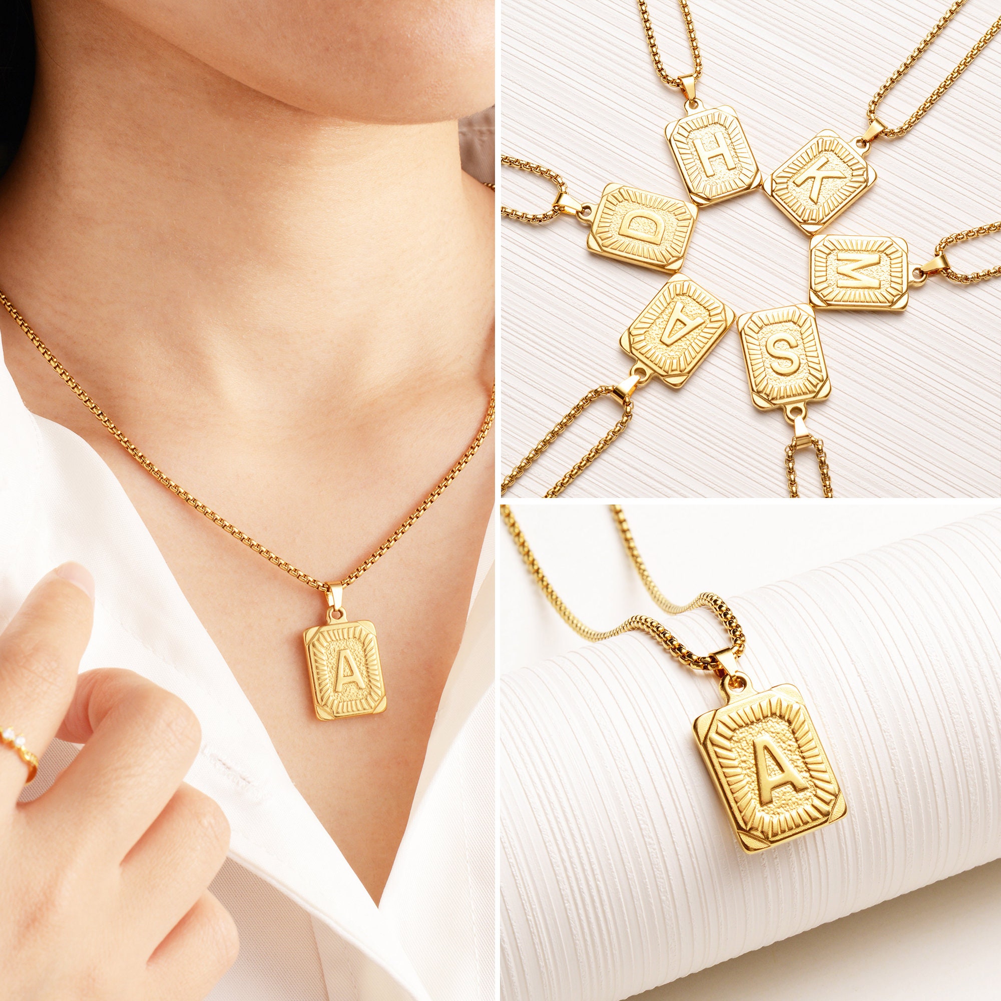 Gold Letter Pendant Necklace, Square Initial Necklace, Personalized ...