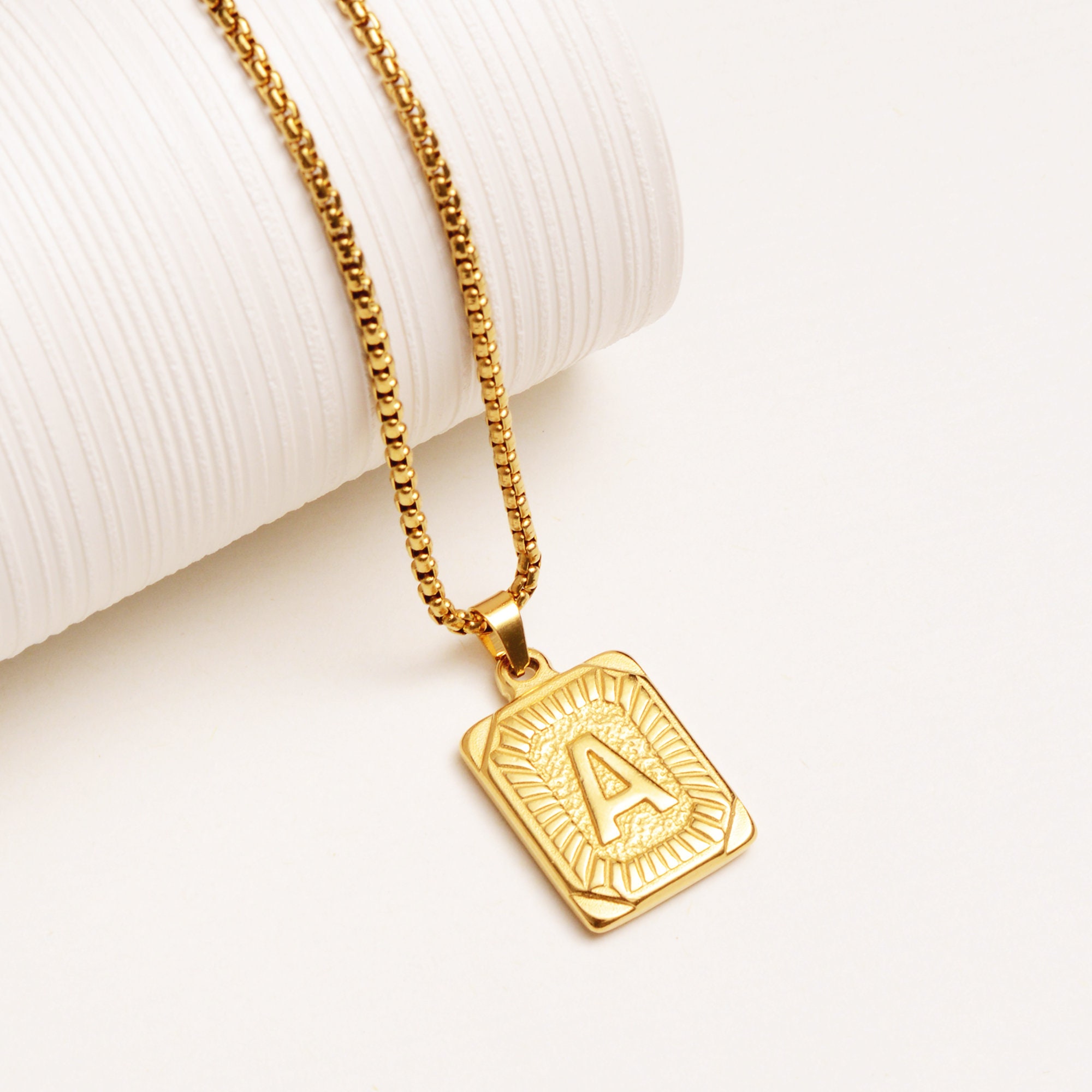 Gold Letter Pendant Necklace, Square Initial Necklace, Personalized ...