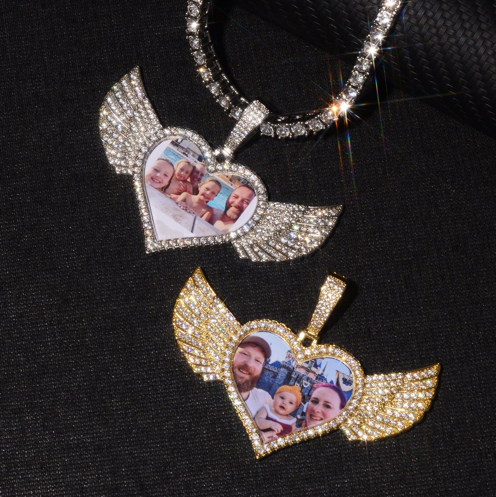 Custom Angel Wings Photo Necklace Personalized Simulated Diamond Picture Necklace Hip Hop Pendant with Cubic Zircon