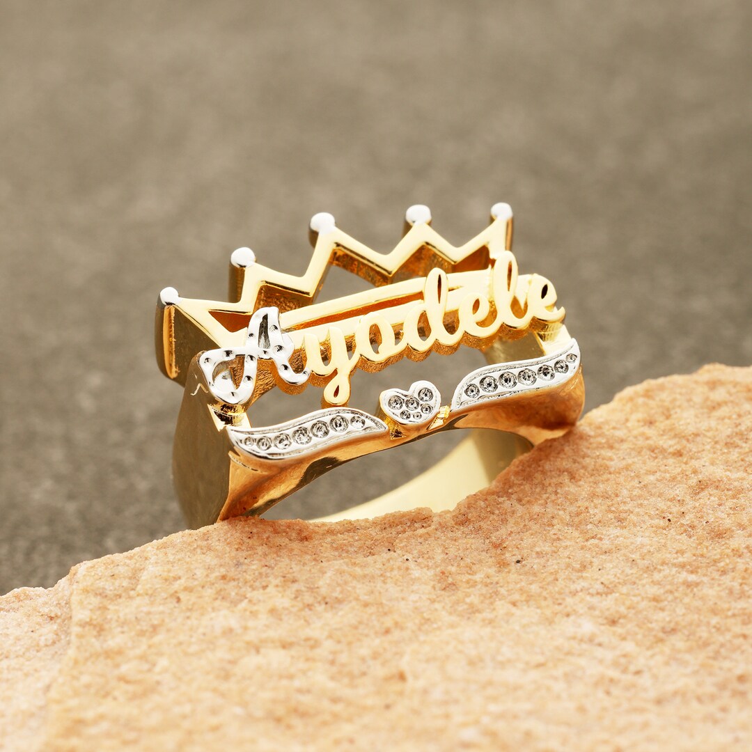 Custom Name Ring, Gold Crown Name Ring, Nameplate Ring, Cursive Font ...