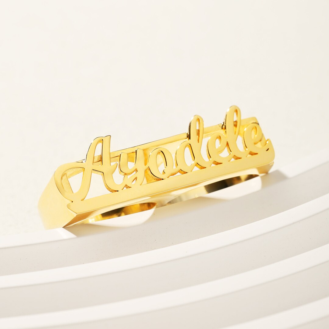 Gold Two Finger Name Ring, Custom Nameplate Ring, 3D Name Finger Ring ...