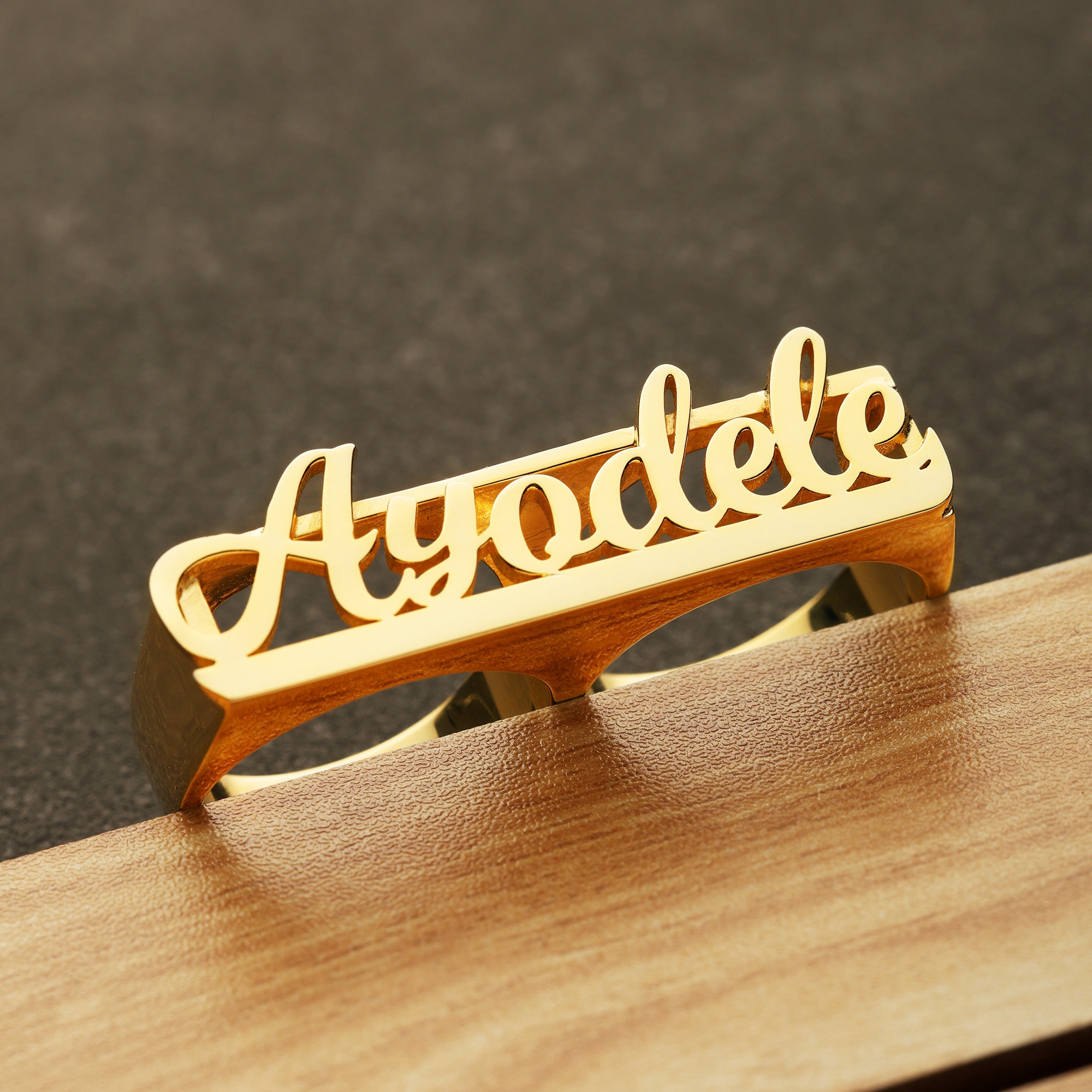 Gold Two Finger Name Ring, Custom Nameplate Ring, 3D Name Finger Ring ...
