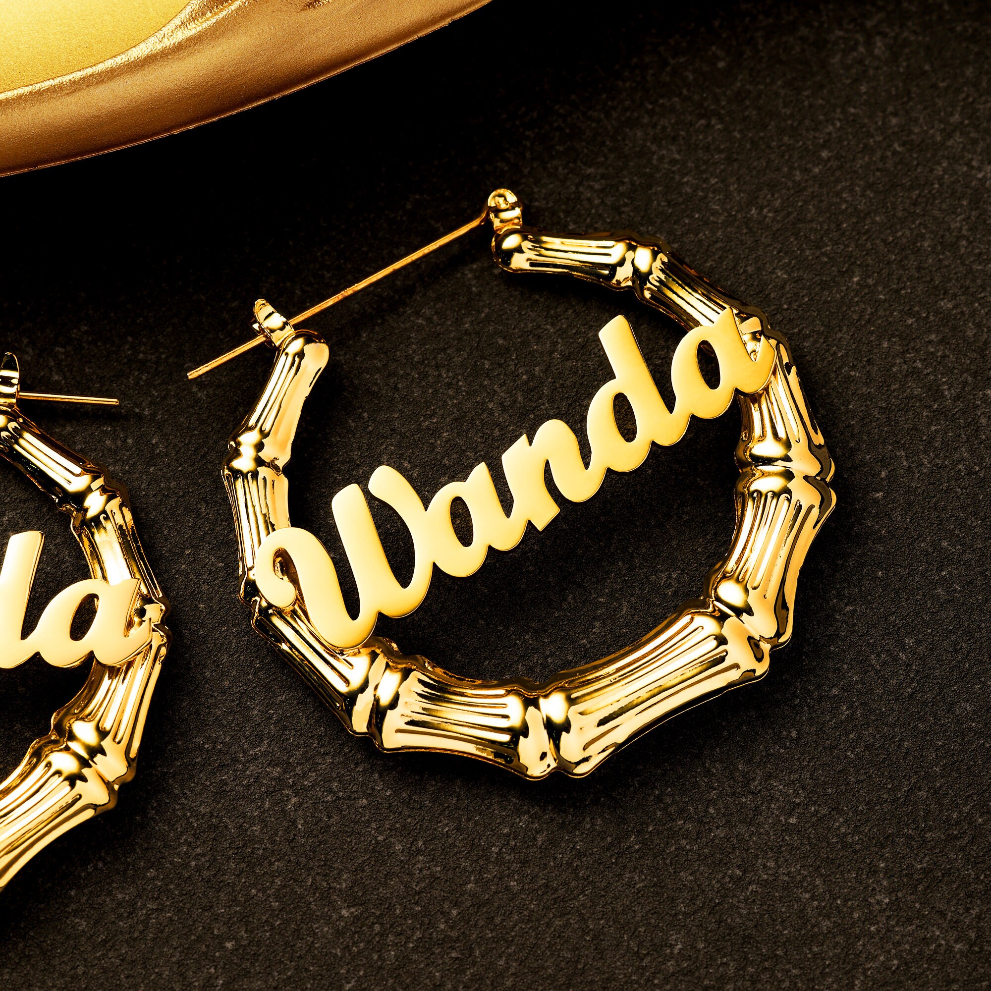 Personalized Bamboo Name Earrings, Gold Plated Custom Name Hoop ...