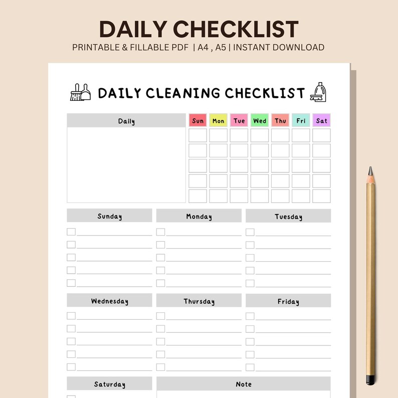 Daily Cleaning Checklist, Printable PDF, Fillable to Do List, Task ...