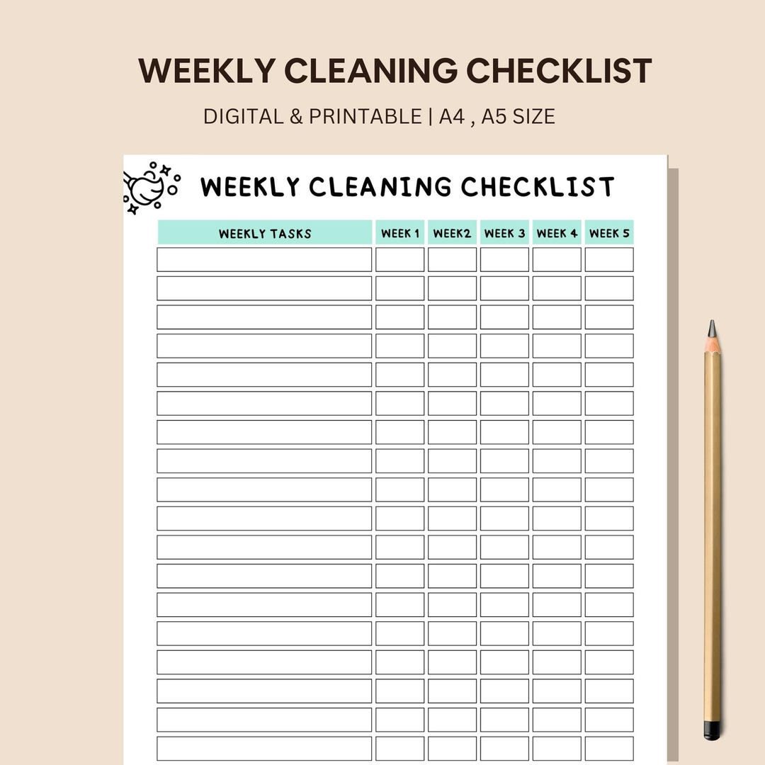 Weekly Cleaning Checklist: Printable Task Reminder (fillable PDF, A4/A5 ...
