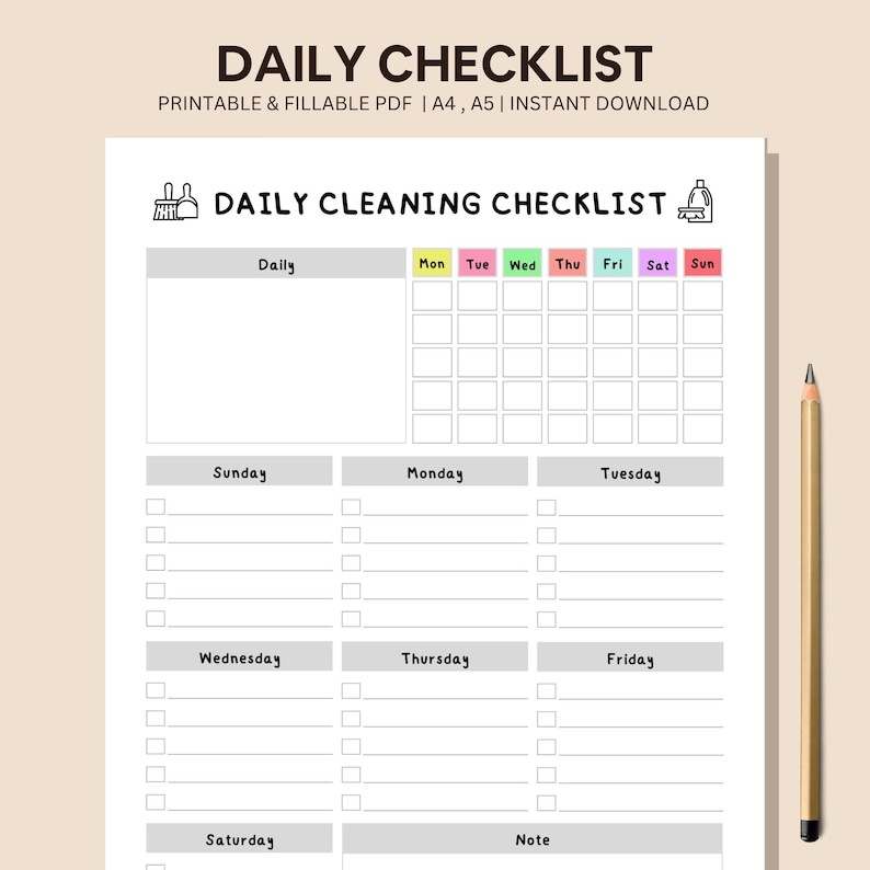 Daily Cleaning Checklist: Fillable To-do List (A4 A5 Digital Download ...