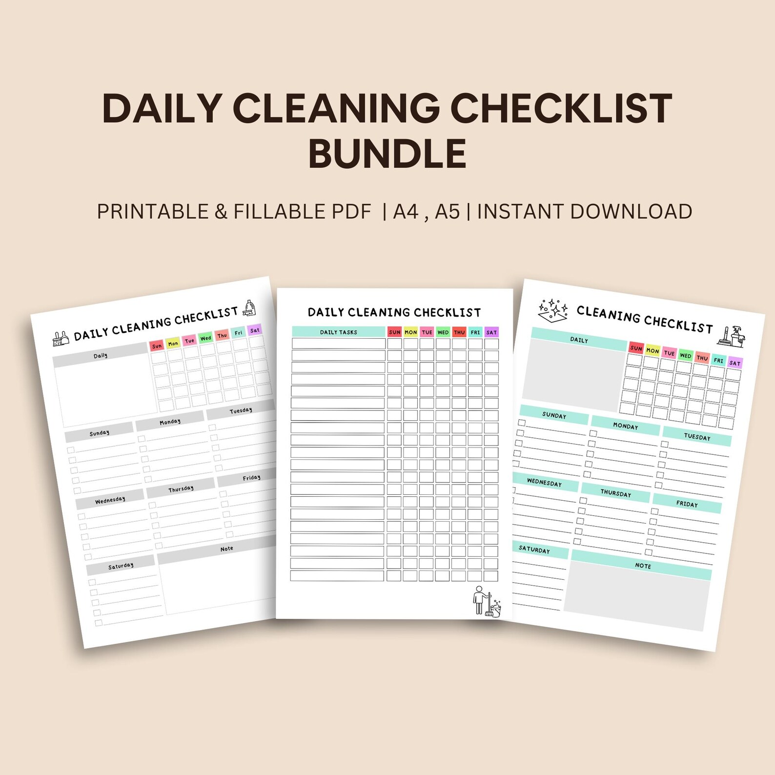 Daily Cleaning Checklist, Fillable PDF, Printable A4, A5, Task Schedule ...