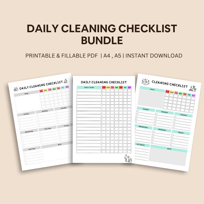 Daily Cleaning Checklist, Fillable PDF, Printable A4, A5, Task Schedule ...