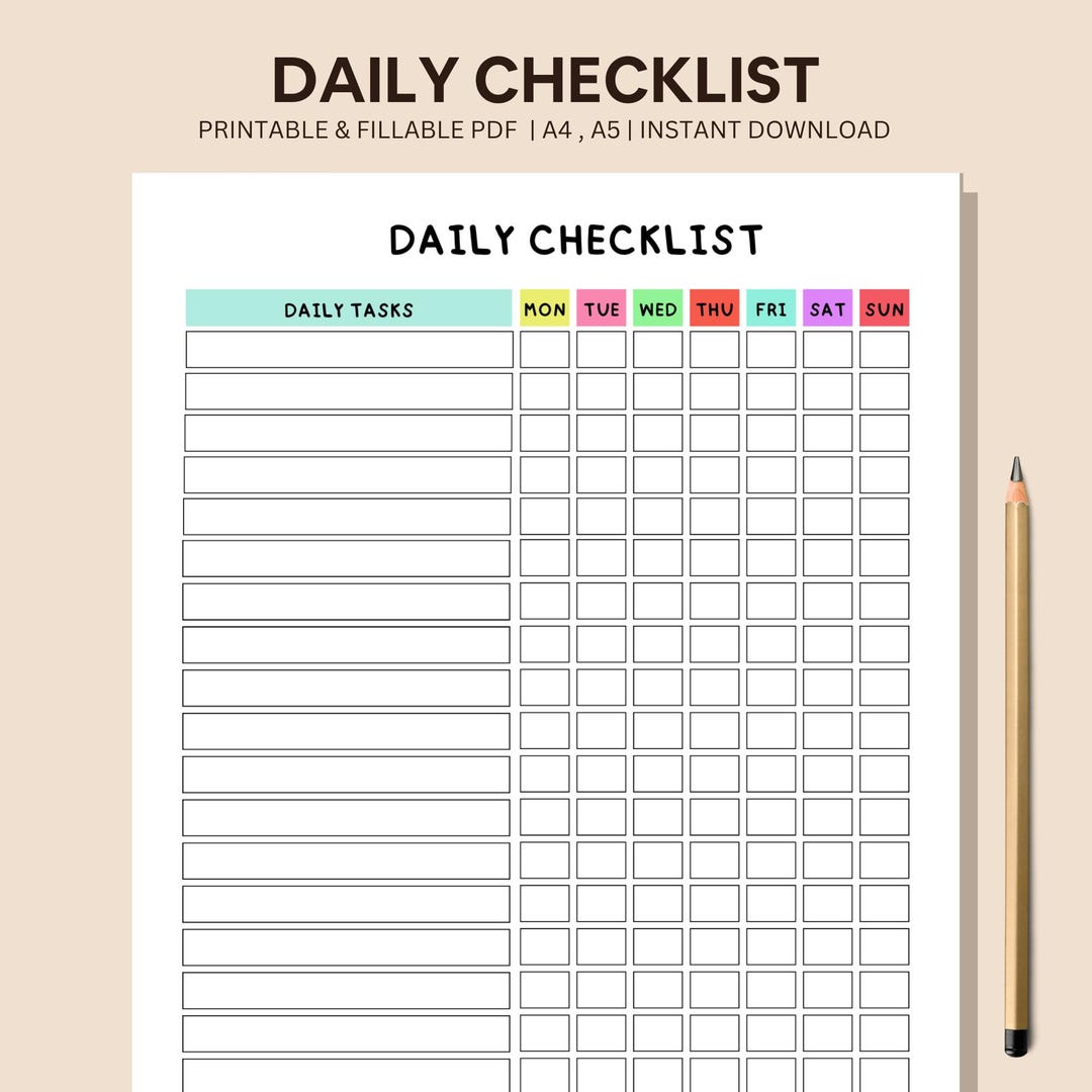 Daily Checklist, Fillable PDF, Printable A4, A5, Task Schedule, to Do ...