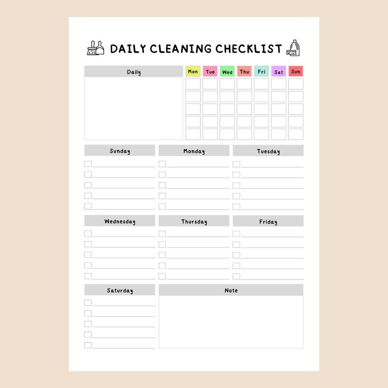 Daily Cleaning Checklist Printable PDF, Fillable to Do List & Task ...