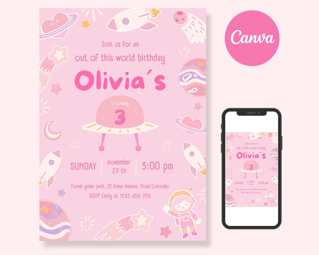 Galaxy Space Girl Invitation. Outer Space Birthday Template. Pink Space ...