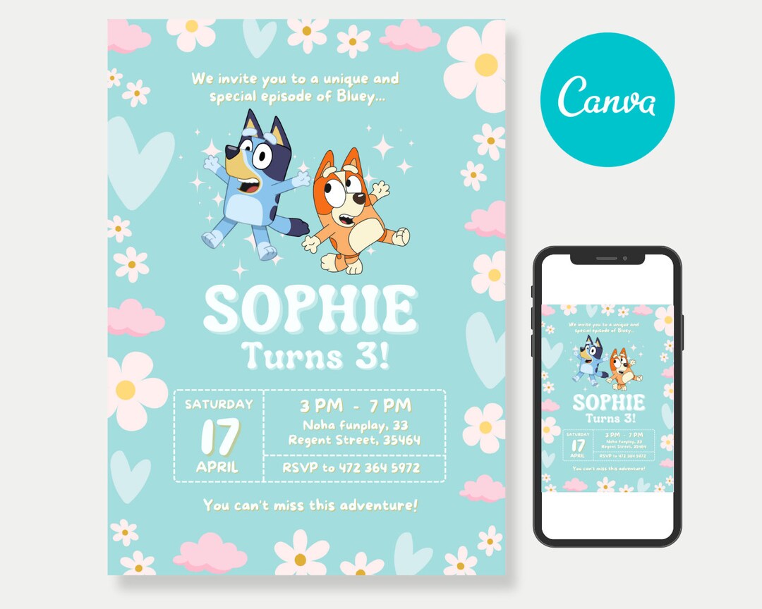 Printable Birthday Party Invitation. Girl Birthday Invitation. Blue ...