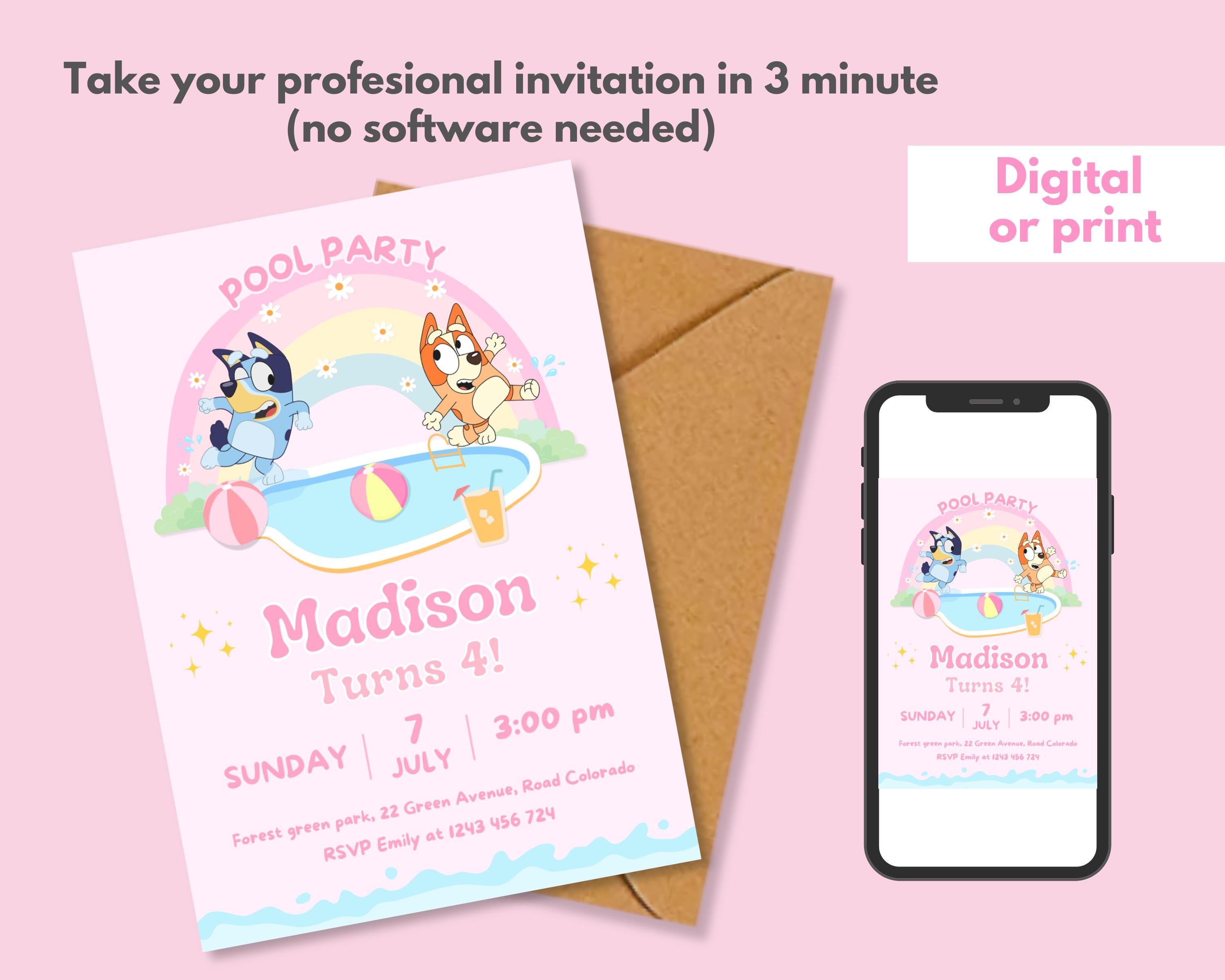 Invitación de niña Bluey Pool Party. Plantilla Bluey de fiesta en la ...