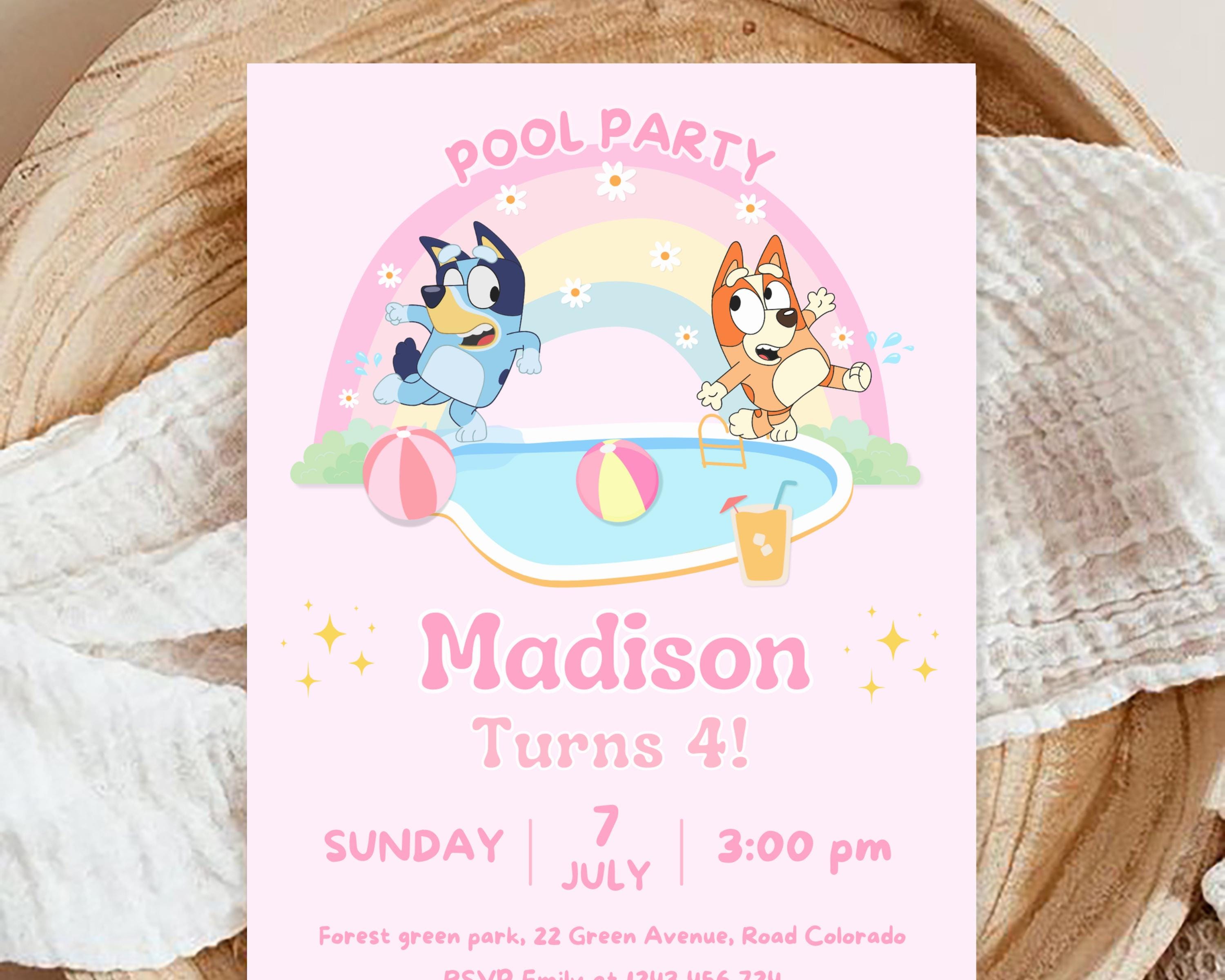 Invitación de niña Bluey Pool Party. Plantilla Bluey de fiesta en la ...