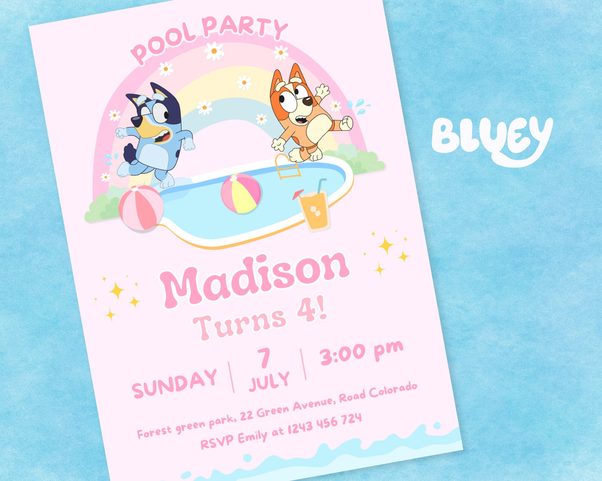 Invitación de niña Bluey Pool Party. Plantilla Bluey de fiesta en la ...