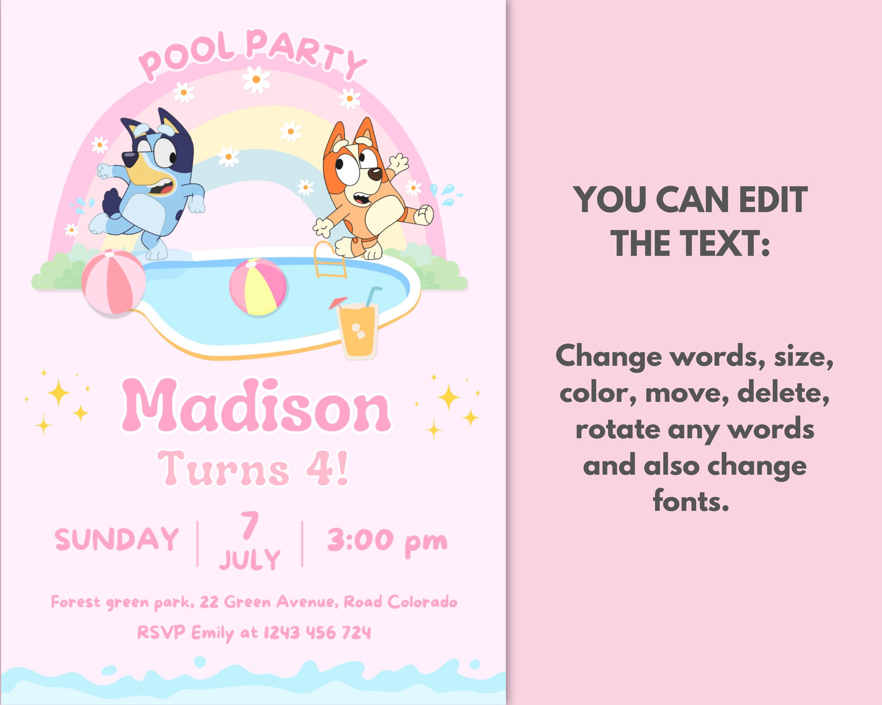 Invitación de niña Bluey Pool Party. Plantilla Bluey de fiesta en la ...