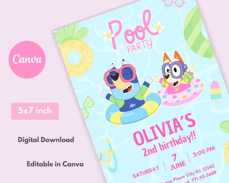 Invitación Bluey Pool Party para niña. Plantilla de Bluey fiesta en la ...