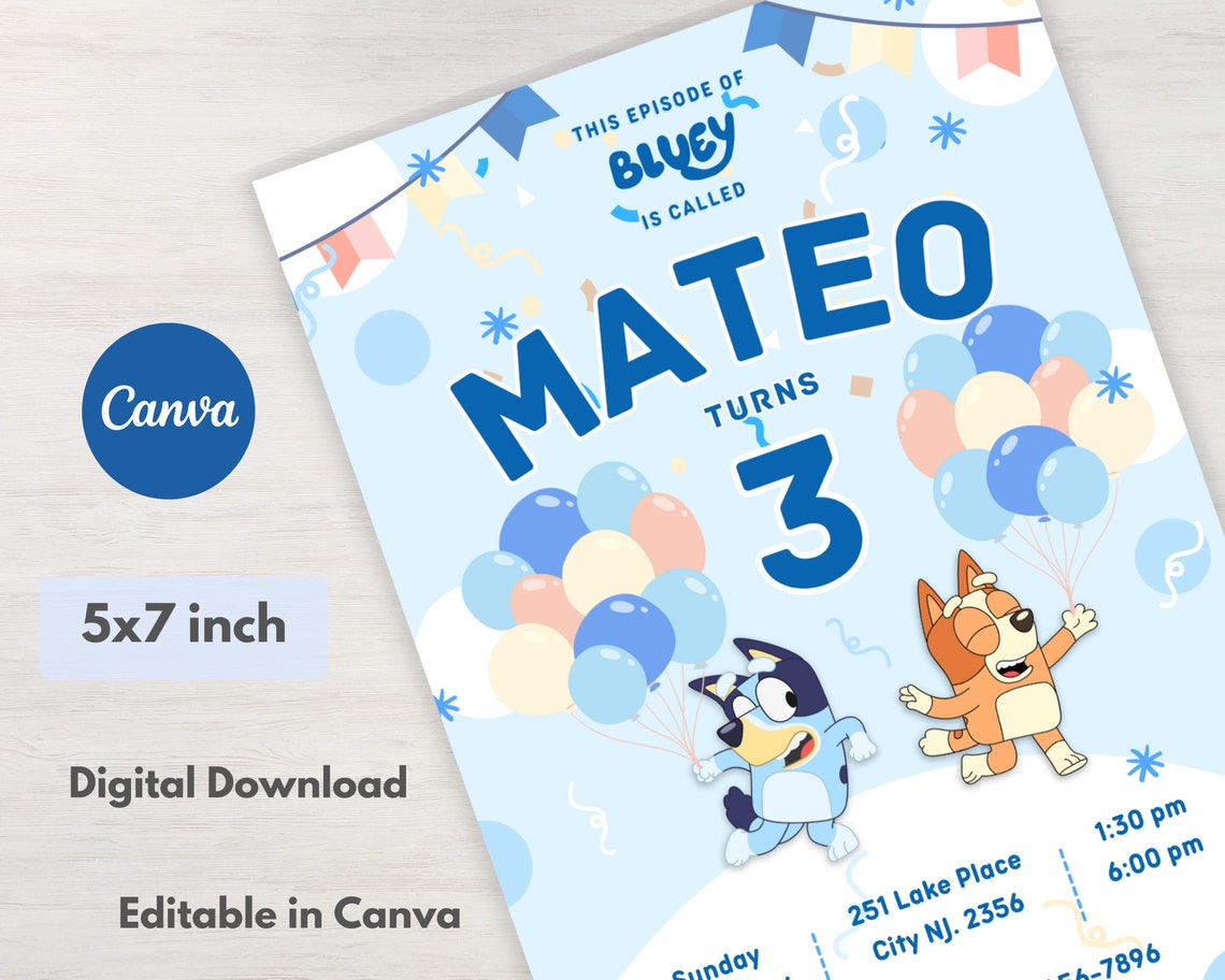 Invitación de fiesta Bluey para niño. Plantilla editable de cumpleaños ...