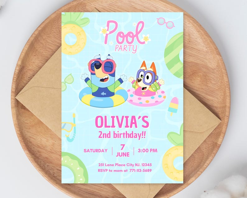 Invitación Bluey Pool Party para niña. Plantilla de Bluey fiesta en la ...