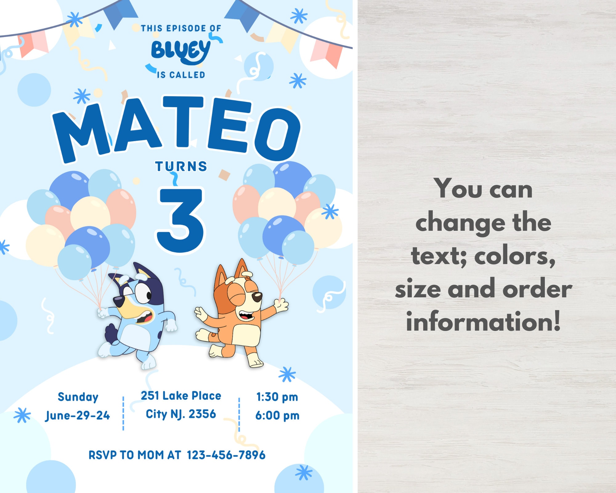 Invitación de fiesta Bluey para niño. Plantilla editable de cumpleaños ...