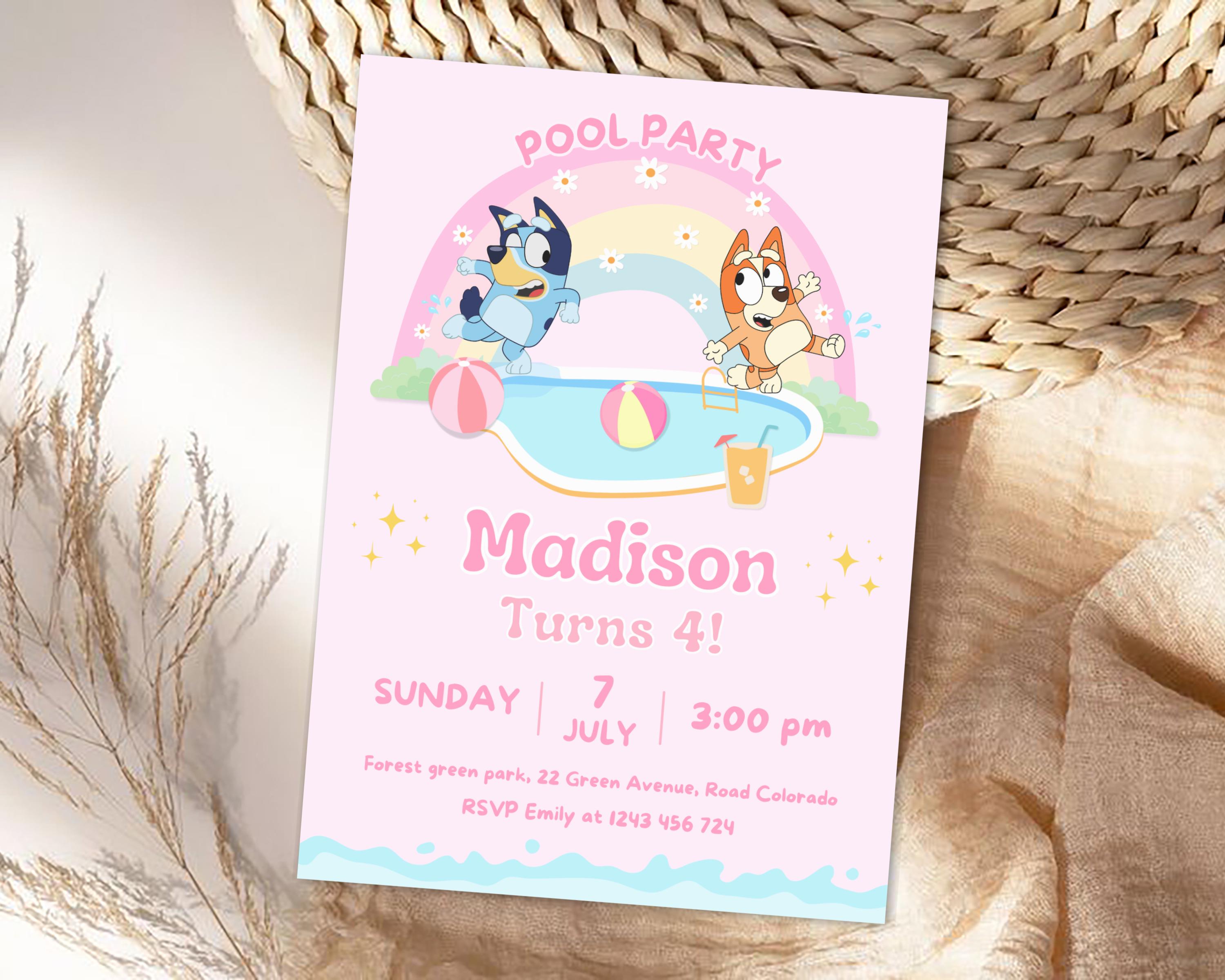 Girl's Bluey Pool Party Invitation. Bluey Summer Pool Party Template ...