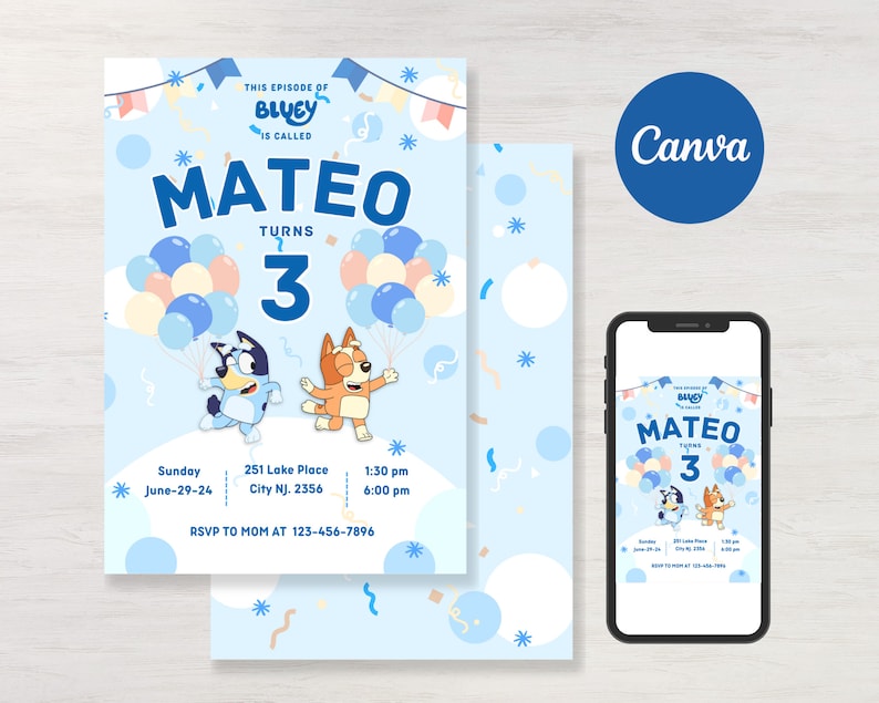 Invitación de fiesta Bluey para niño. Plantilla editable de cumpleaños ...
