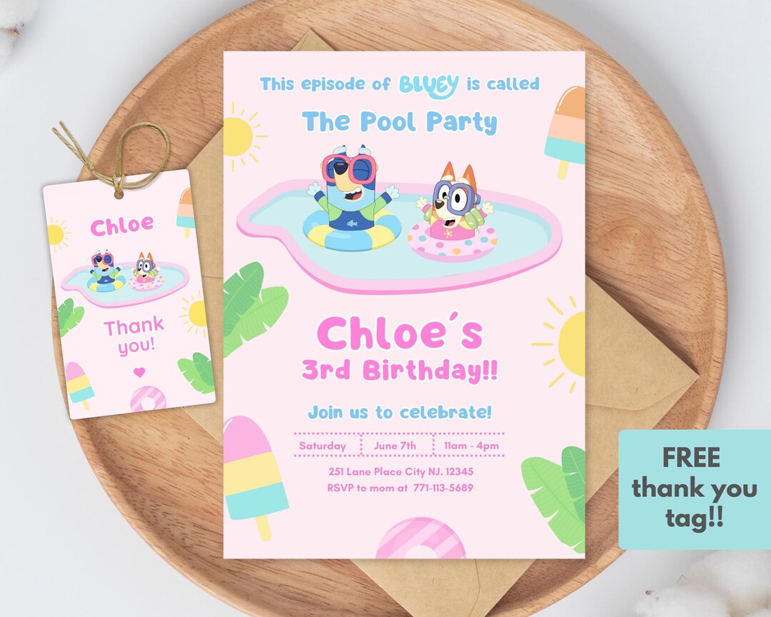 Bluey Girl's Pool Party Invitation. Bluey Pool Party Template. Summer ...