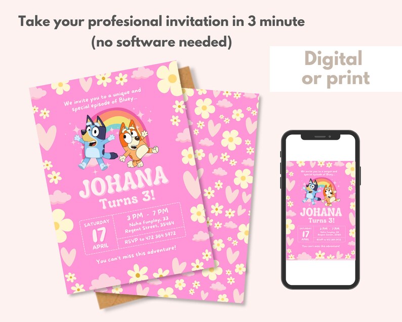 Pink Bluey Birthday Invitation Template, Bluey Themed Girl Party, Canva ...