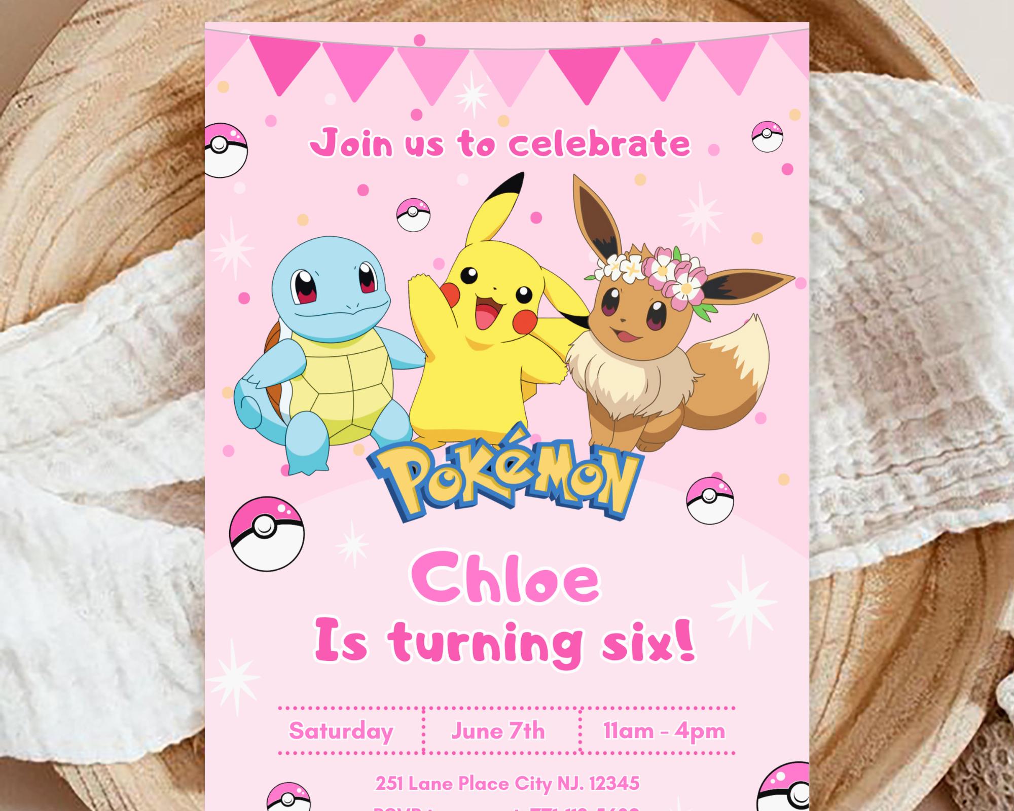 Invitación de cumpleaños Pokemon de niña. Fiesta Pokemon Pikachu ...