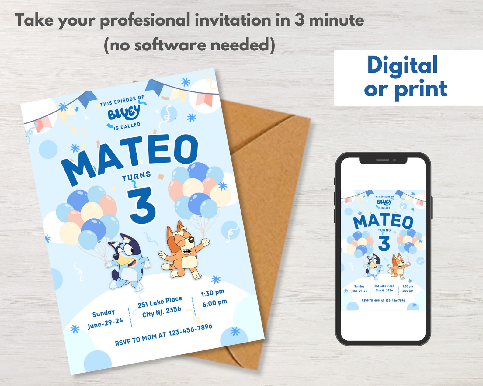 Invitación de fiesta Bluey para niño. Plantilla editable de cumpleaños ...