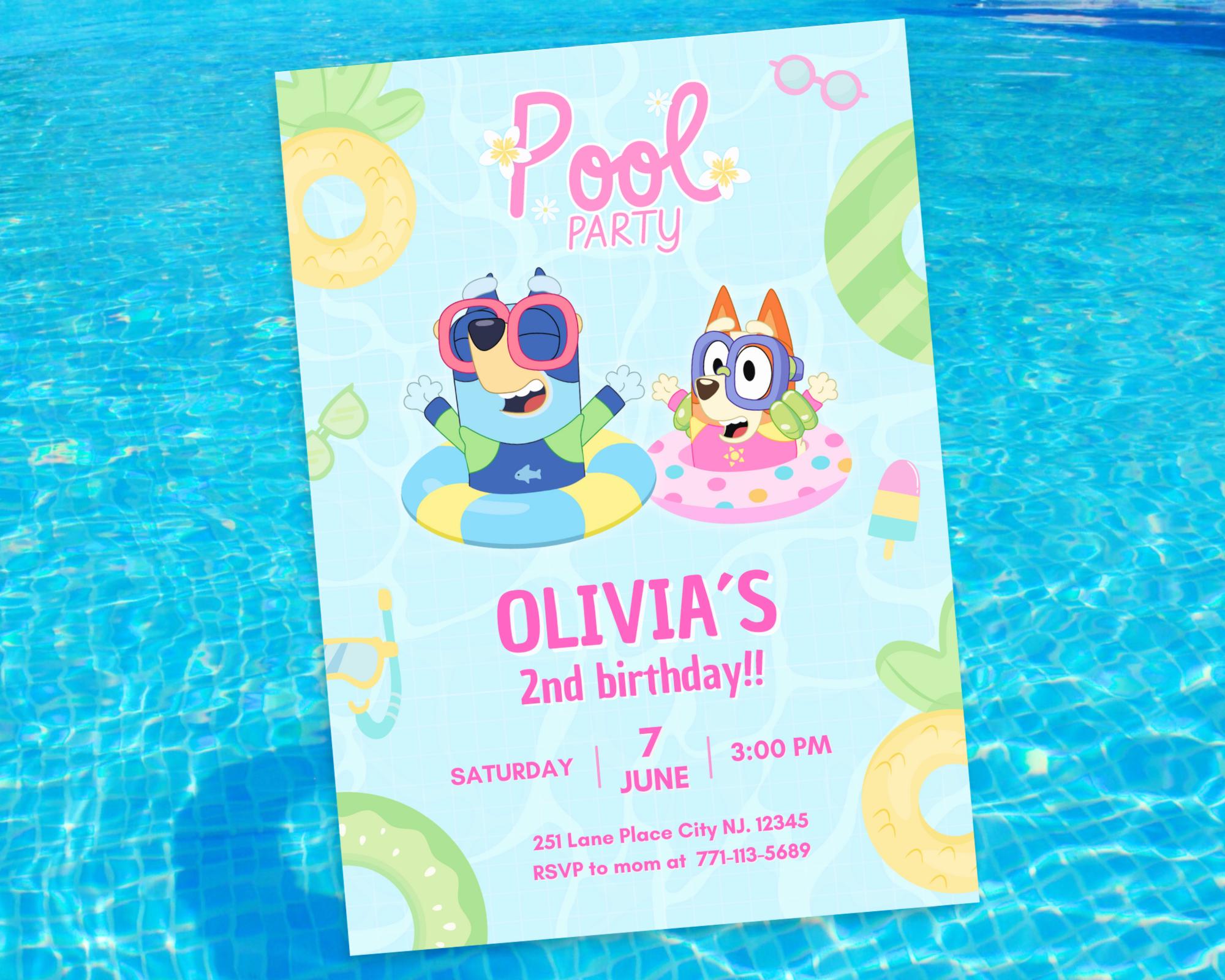 Bluey Pool Party Invitation for Girl. Bluey Pool Party Template. Little ...