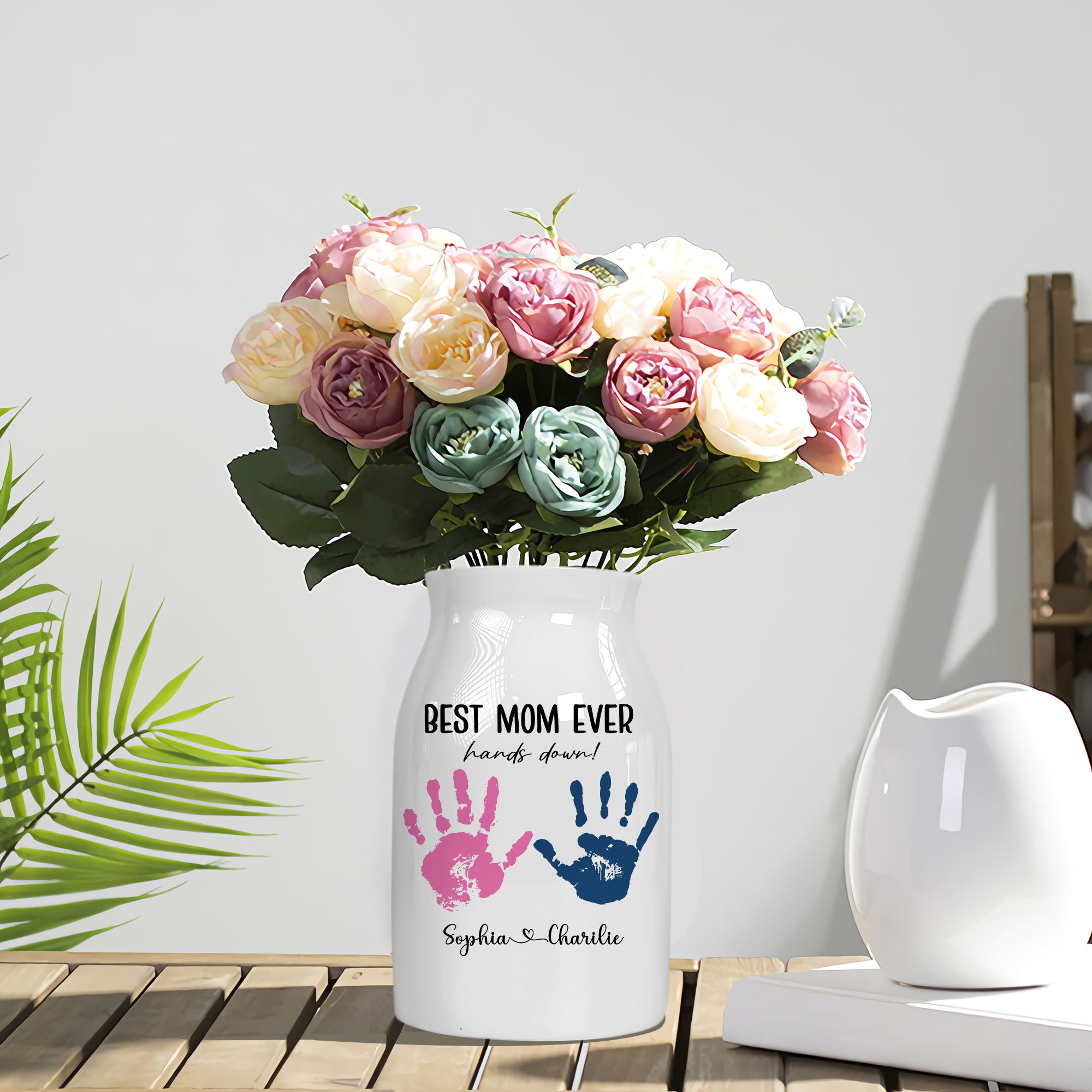 Personalized Mom Flower Vase, Custom Handprint Flower, Ceramic Vase for ...