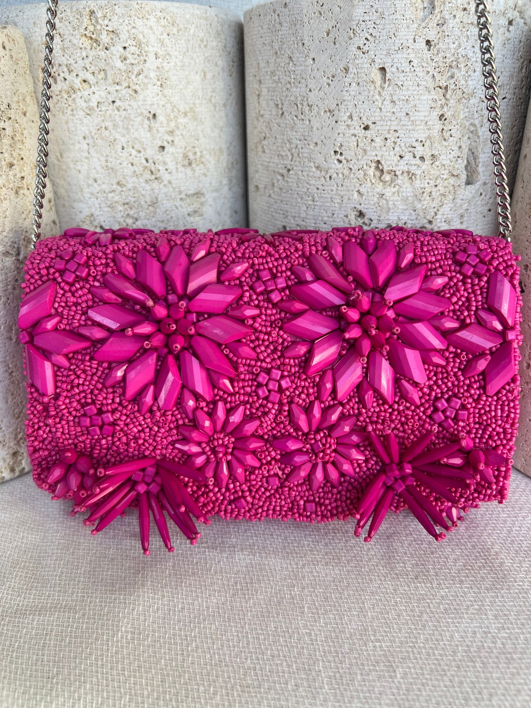 Magenta Beaded Clutch Bag, Seed Bead Crossbody Bag, Fuchsia Vacation ...