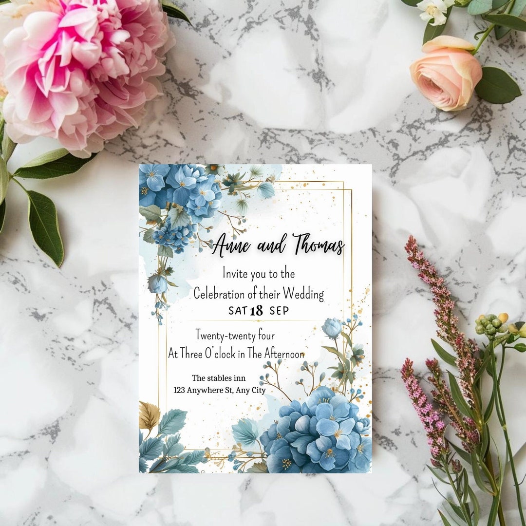 Digital Wedding Invitation Blue Navy Flowers, Editable Light Blue ...