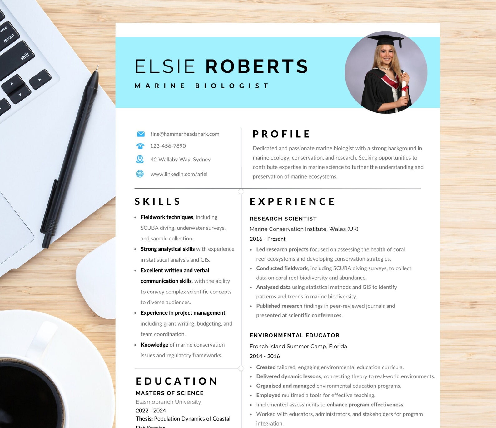 Resume Template Word, Canva Resume, Marine Biology Resume, Academic ...