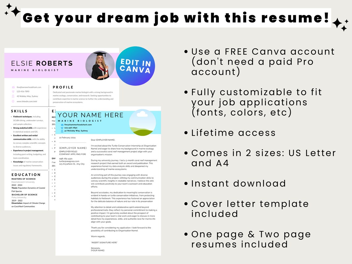 Resume Template Word, Canva Resume, Marine Biology Resume, Academic ...