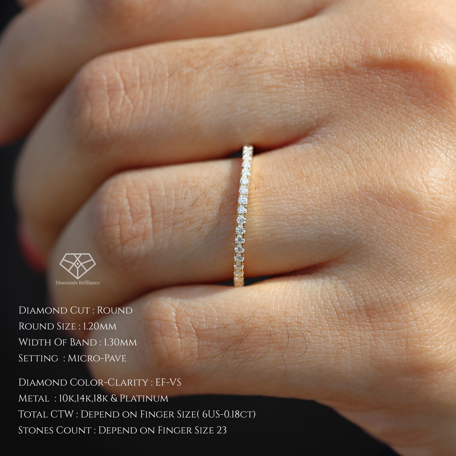 1.20MM Round Lab Diamond Band, 14k Yellow Gold Lab Grown Diamond Half ...