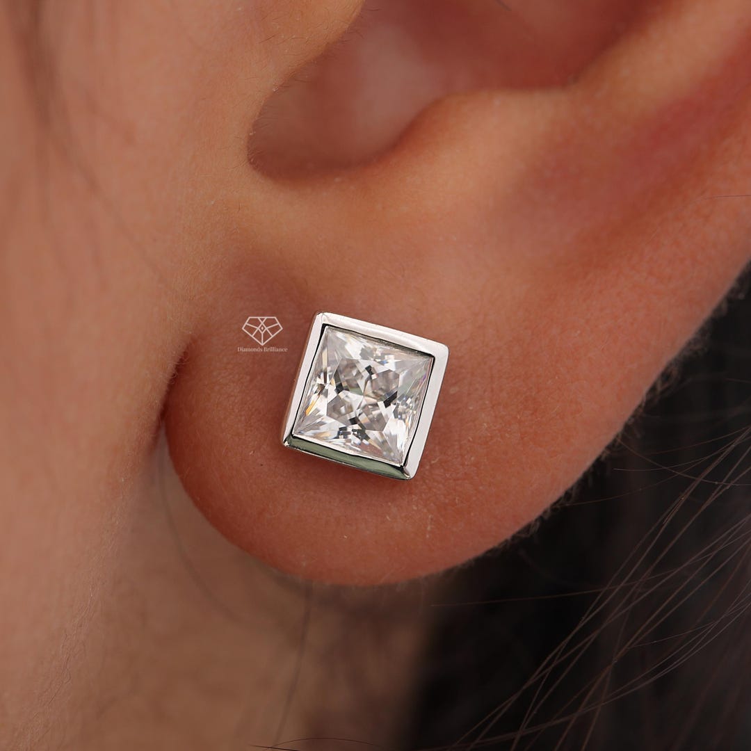 0.50 -5.0 Carat Princess Cut Bezel Set Lab Grown Diamond Stud Earrings ...