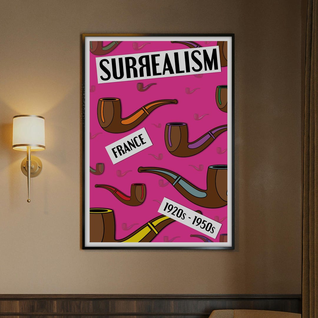 Magritte Inspired Flying Pipes Poster: Surreal Pink Wall Art - Etsy
